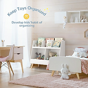 Curipeer Kids Bookshelf and Toy Organizer, 5 Cubbies Wooden Open Bookcase, 2-Tier Baby Storage Display with Legs, Free Standing Bookshelf for Playing Room, Bedroom, Nursery, Classroom, White