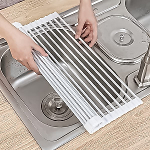 H S T Over The Sink Dish Drying Rack for Kitchen - 17" x 13" Heavy Duty Silicone Wrapped Steel Rods Over Sink Dish Drying Rack - Multipurpose Roll Up Sink Drying Rack - White