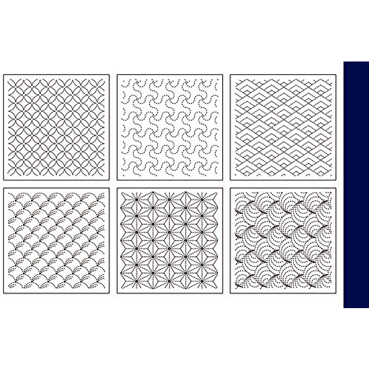 Sashiko Fabric - Pre-Printed Panel - 6 Block Traditional Design Sampler - Indigo Kona Cotton