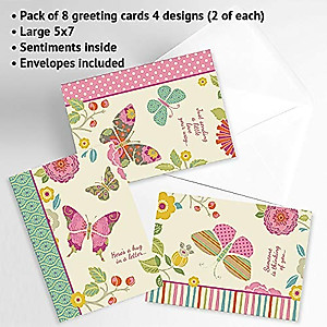 Butterfly Cheer Thinking of You Greeting Cards - Set of 8 (4 designs), Large 5" x 7", Thinking of You Cards with Sentiments Inside, Envelopes Included