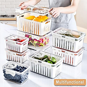 Rhewatin 3pc Fruit Storage Containers for Fridge with Time Keeper, Partitioned Vegetable Storage Containers for Refrigerator with Removable Colander and Divider, Airtight Lettuce Keeper, White