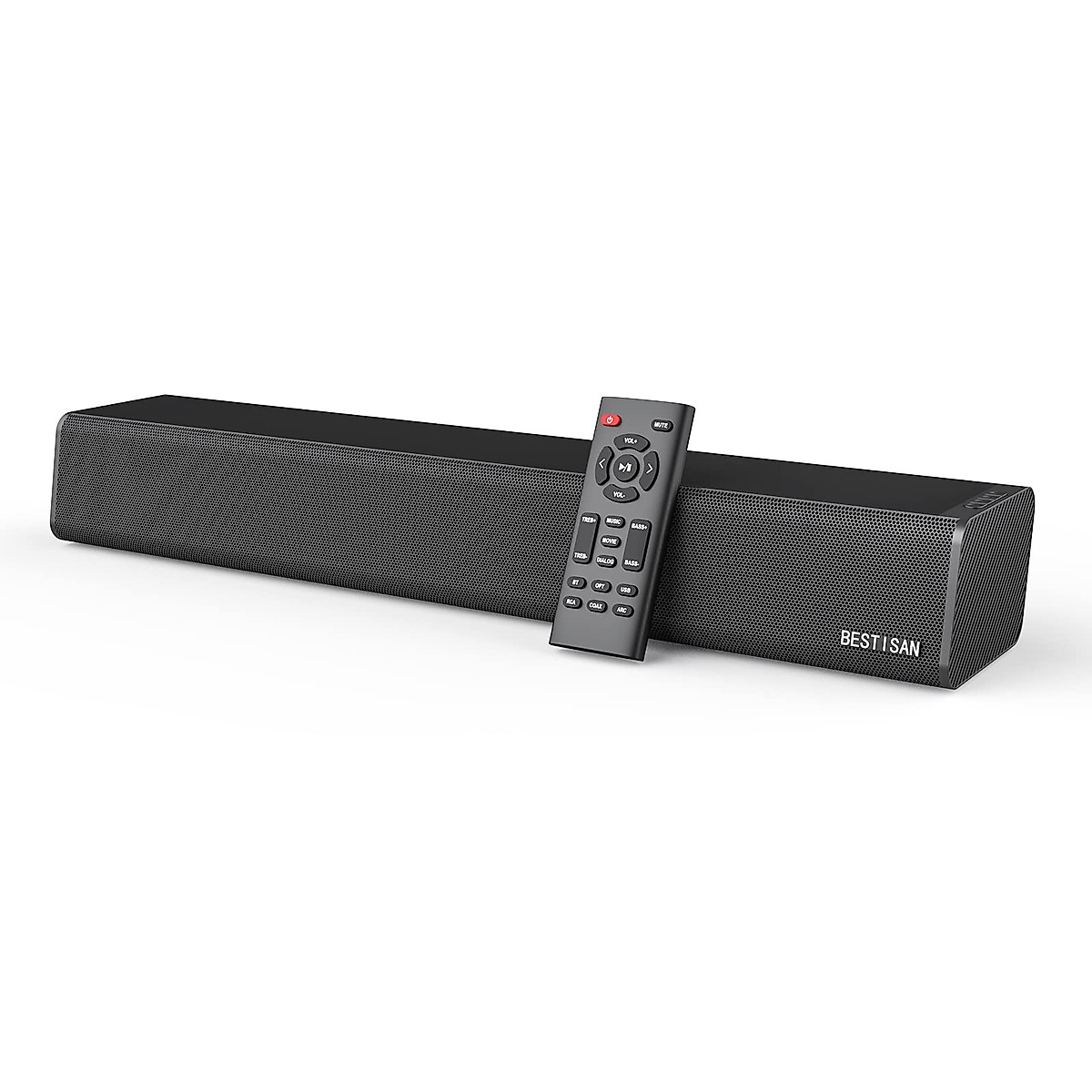 Sound Bar, BESTISAN 50 Watts Soundbar with HDMI, Optical, Coaxial, AUX, USB and Bluetooth Connection, DSP, Bass Adjustable, 16 Inch, Mountable