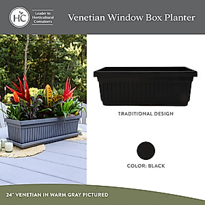 The HC Companies 30 Inch Venetian Rectangular Window Planter Box - Lightweight Plastic Indoor Outdoor Plant Pot with Drainage for Windowsill, Herbs, Flowers, Black