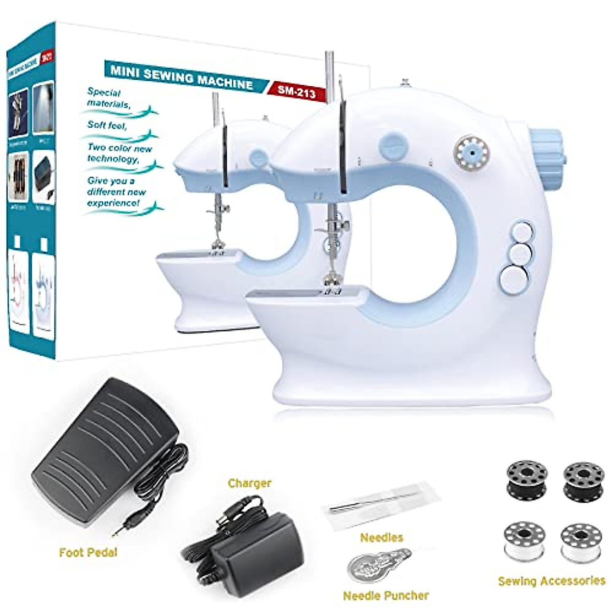 Mini Sewing Machines for Kids and Beginners, Portable and Lightweight, 2 Speeds Double Thread, MARIG FHSM-213