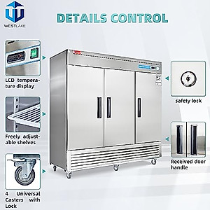 WESTLAKE 72"W Reach-in Commercial Freezer 3 Door 3 Section Stainless Steel Fan Cooling 54 Cu.ft Freezer for Restaurant, Bar, Shop, etc