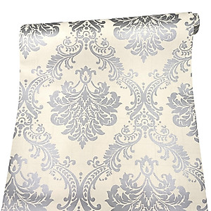 LovingWay Vintage Shelf Liner Self-Adhesive 17.7x177 Inch Drawer Covering PVC Paper Upgrade Old Furnitures Looking Grey Damask