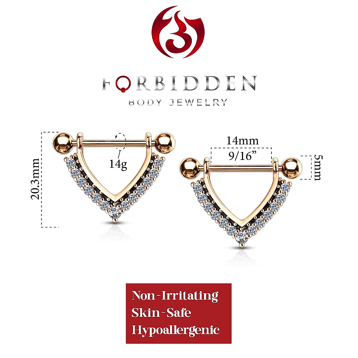 Forbidden Body Jewelry Pair of Surgical Steel 9/16 Inch (14mm) CZ Lined Black Accent Sexy Dangle Nipple Rings, Rose Gold Tone
