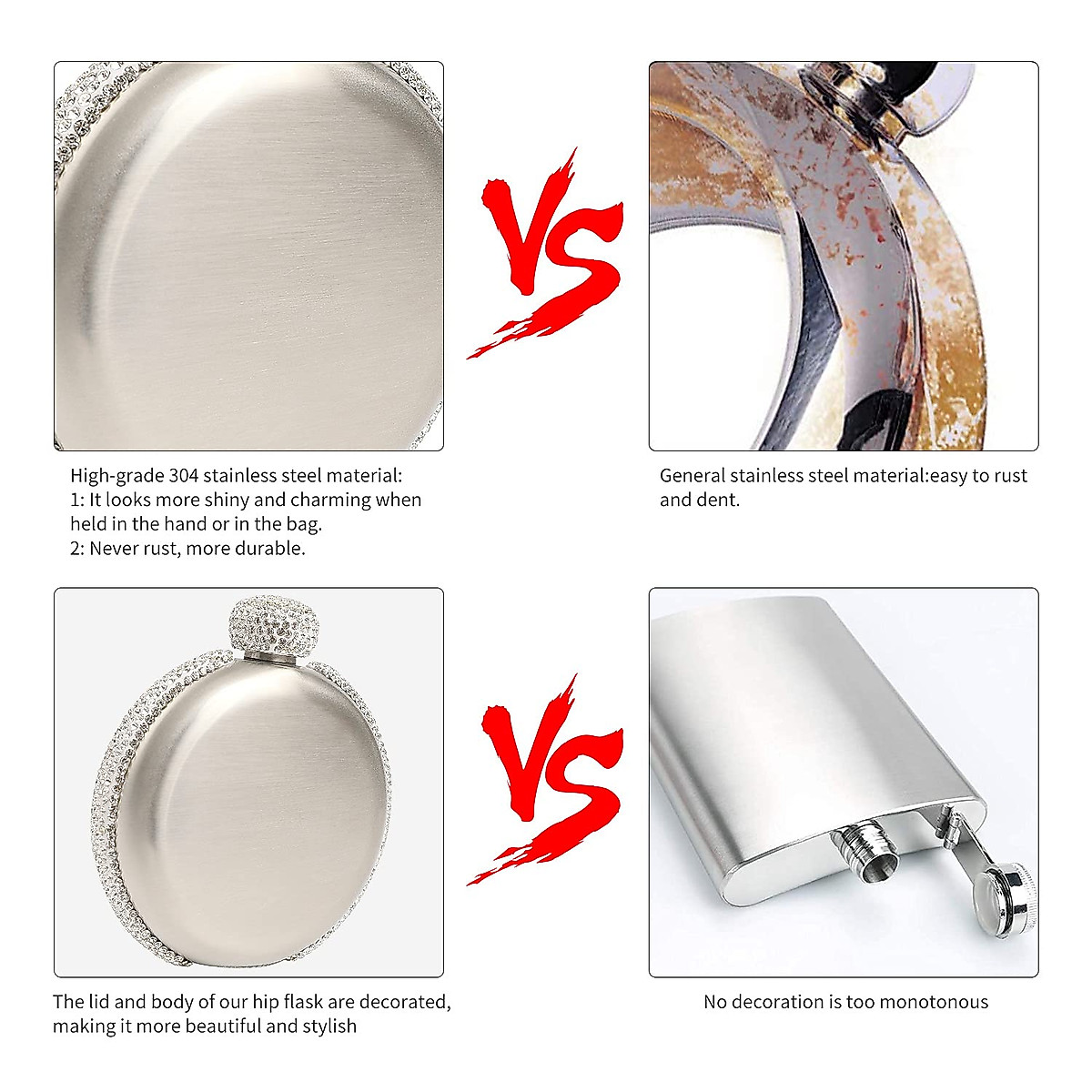 INTOR Hip Liquor Flask for Women, Leakproof Wine Flasks 304 Stainless Steel Rhinestone Portable Flask with Funnel, Women Girls Bling Gift(Silver/5oz)