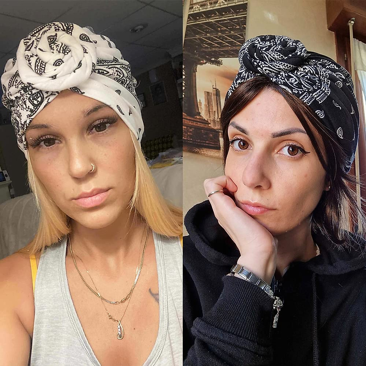 Pre Tied Head Wraps for Women - African Paisley Print Turban Hat Stretch Boho Knot Bonnet Hair Wrap for Black Womens