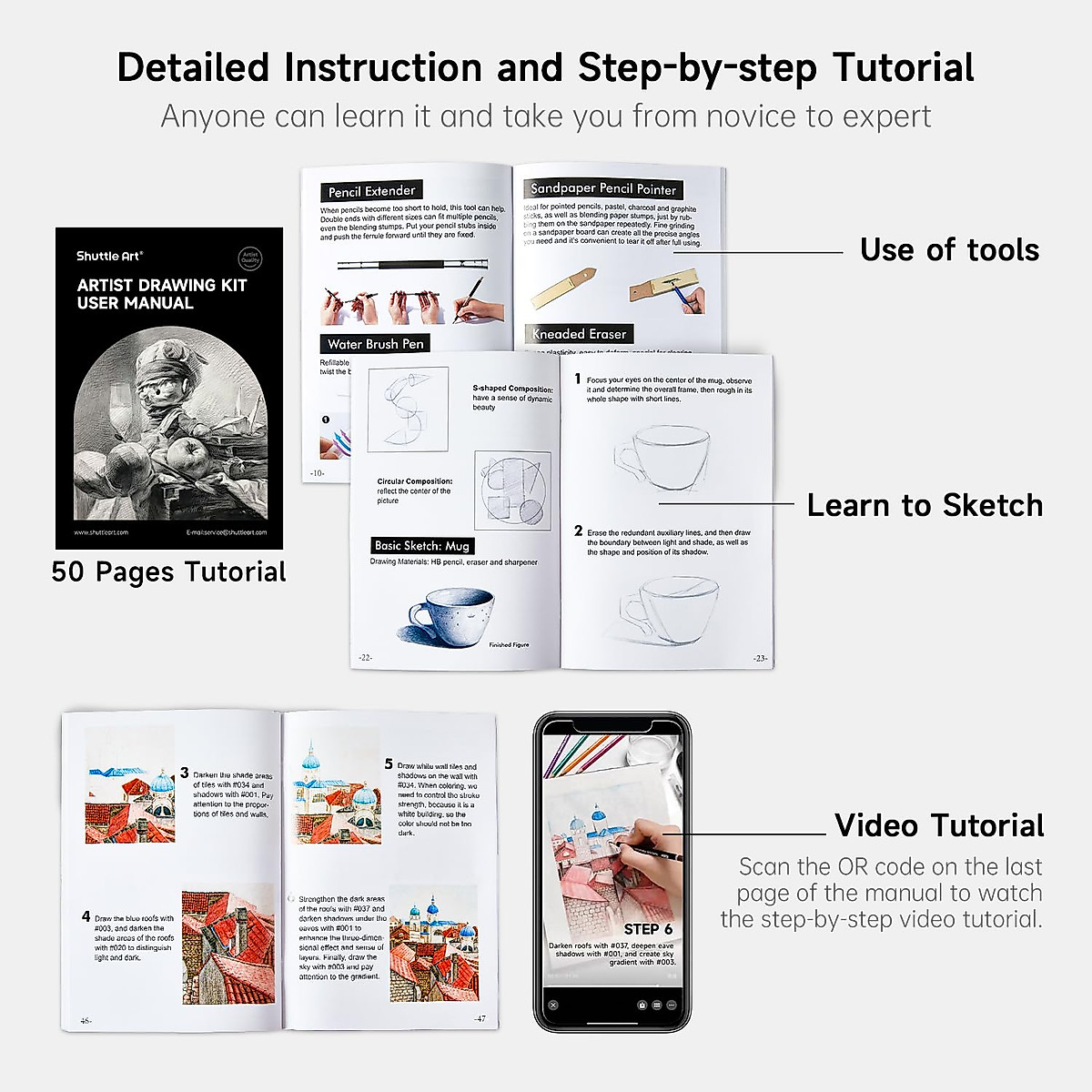 124 PCS Drawing Kit, Shuttle Art Professional Drawing Supplies with Sketch, Charcoal, Colored, Graphite, Pastel Pencils & Sticks, Complete Drawing Tools and Paper Pads in Zipper Case for Artists& Kids