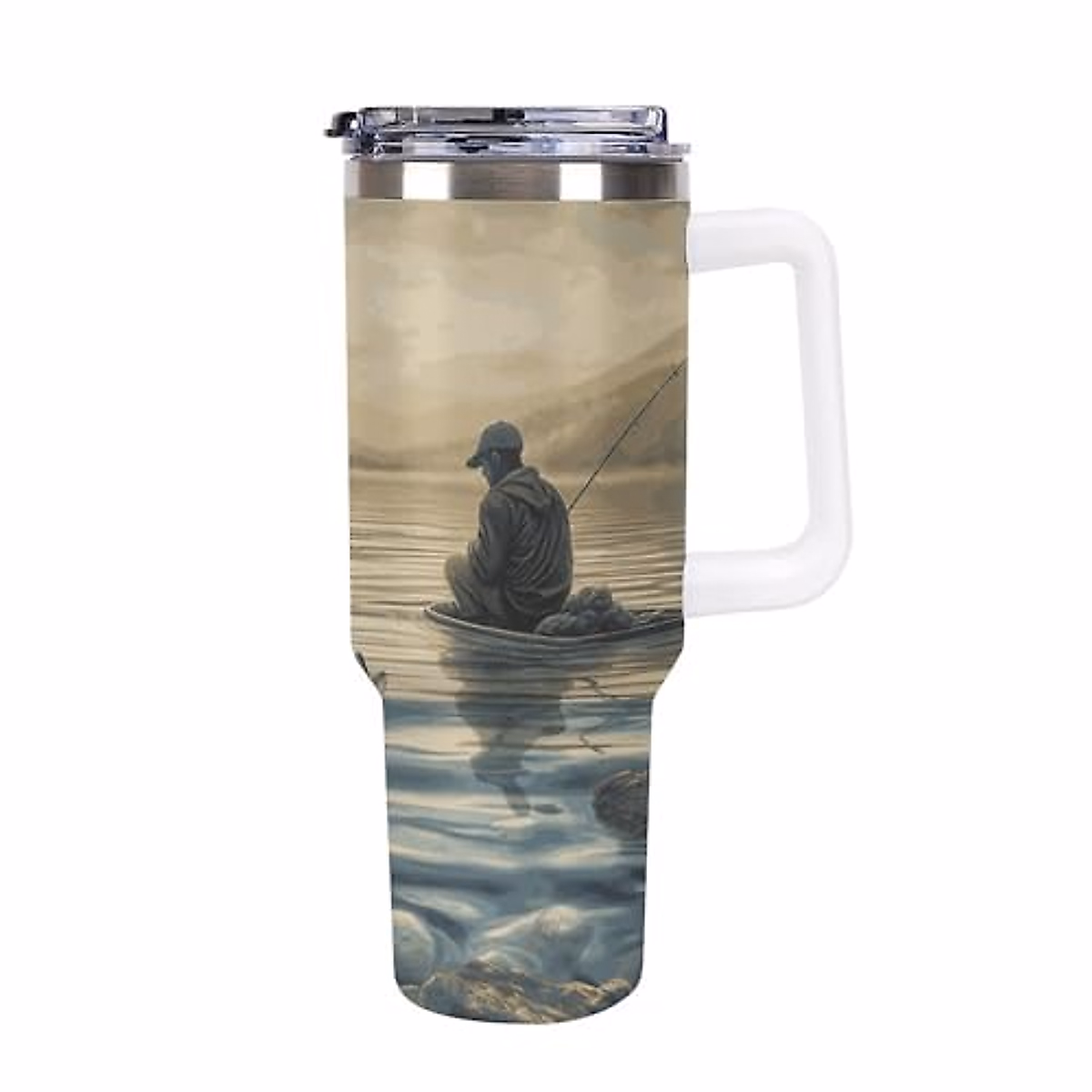 LLUTSNTH 40 Oz Vacuum Tumbler with White Handle Leakproof Insulated Tumbler Lake Fish Fishing Stainless Steel Travel Mug with Lid And Straw Coffee Cup Cute Water Bottles Cup Holder Friendly