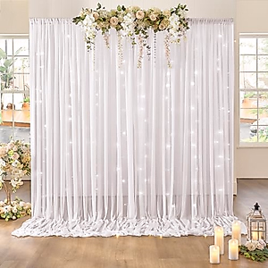 20x10ft White Sheer Backdrop Curtains with Lights for Parties, Wrinkle Resistant Backdrop Curtain for Baby Shower Birthday Wedding Photo, 4 Pack 5x10FT Curtains