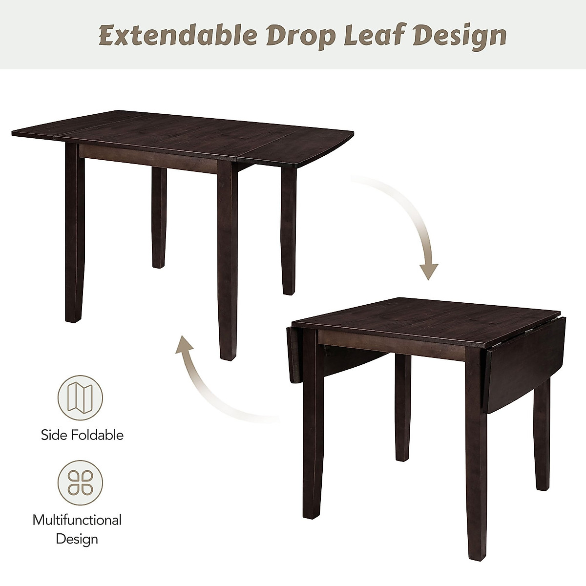 Merax Dining Table Set for 2, Extendable Design with Wood Drop Leaf Top and Wooden Chairs, 3 Piece, Espresso