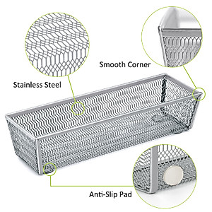 Neudeco Mesh Drawer Organizer, Silverware Organizer for Kitchen Drawer?Utensil Metal Organizer for Flatware, Knives, Cosmetic (Silver 9 * 3 * 2 inch Pack6)