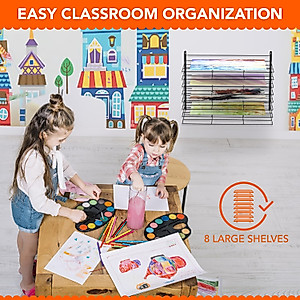 Zoom Wall Mounted Art Drying Rack for Classroom Organization, Kids Artwork Storage, Elementary Classroom Must Haves Teacher Toolbox, Art Cart Art Organizer, Print Rack for Artwork (8 Shelves)