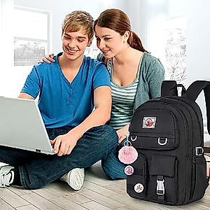 CCJPX Backpacks for Girls, 16 inch Elementary School Laptop Bag College Bookbag, Anti Theft Daypack for Teens Students Women - Black