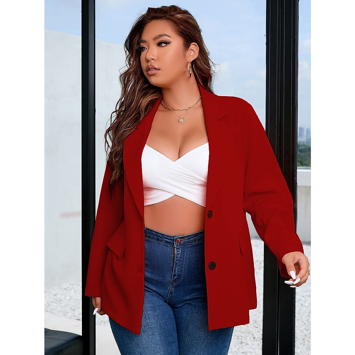 Floerns Women's Plus Size Long Sleeve Lapel Open Front Work Office Blazer Jacket Burgundy 3XL