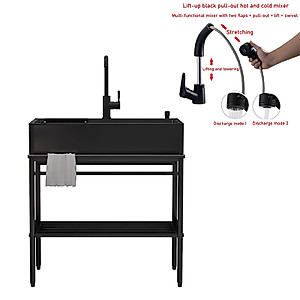 Stainless Steel Single Bowl Kitchen Sink With Stand Free Standing Commercial Restaurant Utility Sink Set With Drain Basket For Laundry Backyard Garage Outdoor，Black Stainless Steel Floor Standing Sink