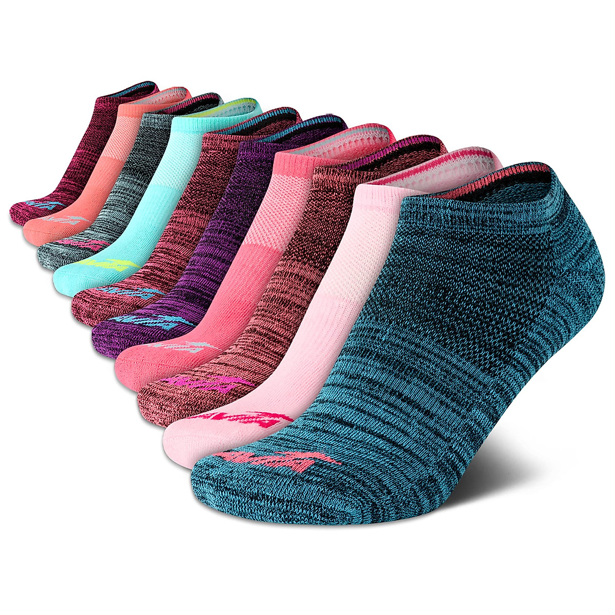 Avia Girls' Socks - 10 Pack Athletic Low Cut No Show Cushioned Liners, Size Medium, Turquoise Multi