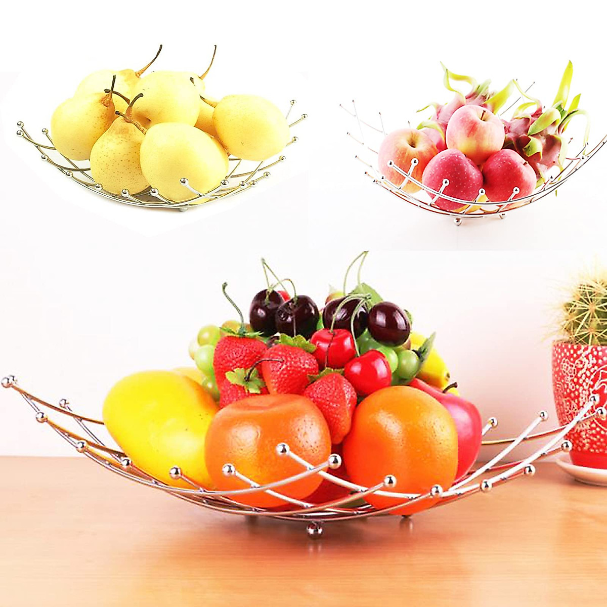 YYTONG Fruit Basket, Fashion Creative Fruit Bowl for Kitchen Counter Used as Bread Basket, Vegetable Basket, Produce Basket, Durable Steel Fruit Stand Storage & Organizer (Silver)