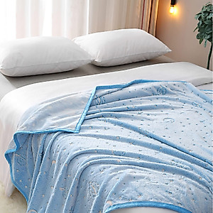 Glow in The Dark Throw Blanket for Kids, Soft Fleece Blanket for Couch Bed, Outdoor Fuzzy Blanket with Galaxy Planet Pattern, Birthday Gifts for Girls Boys and Toddler Blue 50x60 Inch