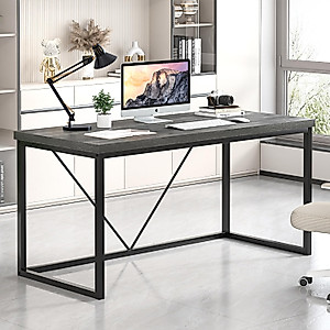 EXCEFUR 55 inch Computer Desk, Vintage Work Desk for Home Office, Rustic Wood and Metal Study Writing Table, Grey