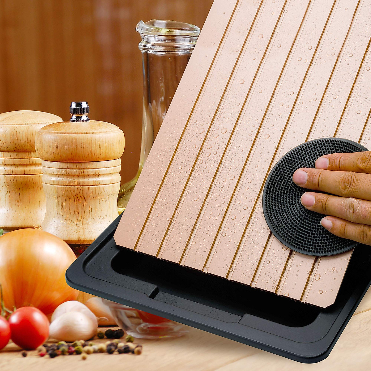 Premium Ultra Fast Defrosting Tray for Frozen Meat, Miracle Thaw Defrosting Tray, Extra Thick Meat Defroster Tray for Quick Thawing, Rose Gold Defrosting Plate Board with Sturdy Water Drip Tray