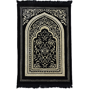 Modefa Turkish Islamic Velvet Prayer Rug - Thick Wide Soft Prayer Carpet - Men & Women - Large Prayer Mat - Eid & Ramadan Gift - with Kufi Cap Beads & Car Hanger - Double Plush Floral Black
