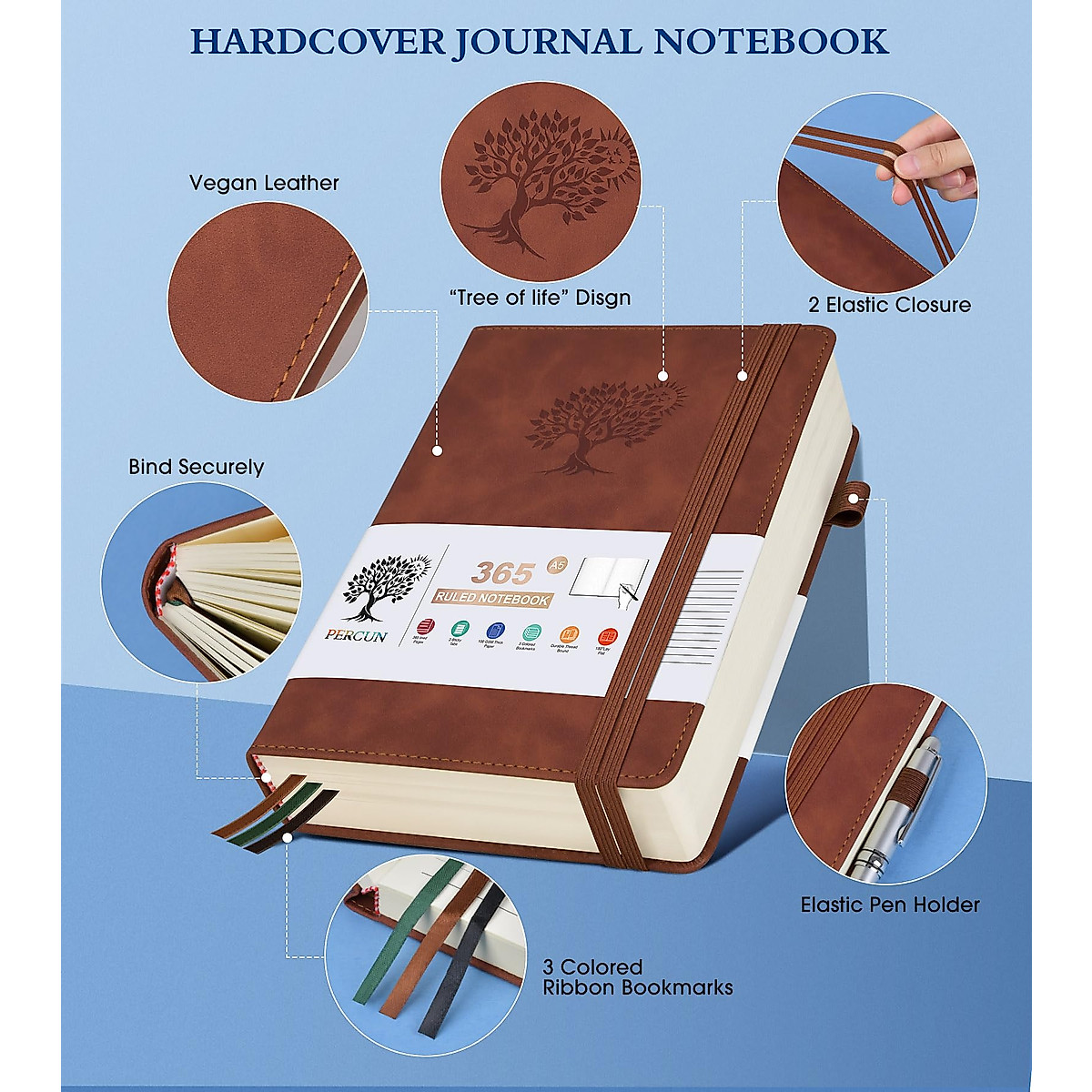 A5 Lined Journal Notebook - 365 Page Leather Journals for Writing Women & Men，Hardcover Notebook with 100Gsm Thick Pages，Daily Diary for Travel, Work，School，Note Taking，College Ruled (5.9" x 8.5")