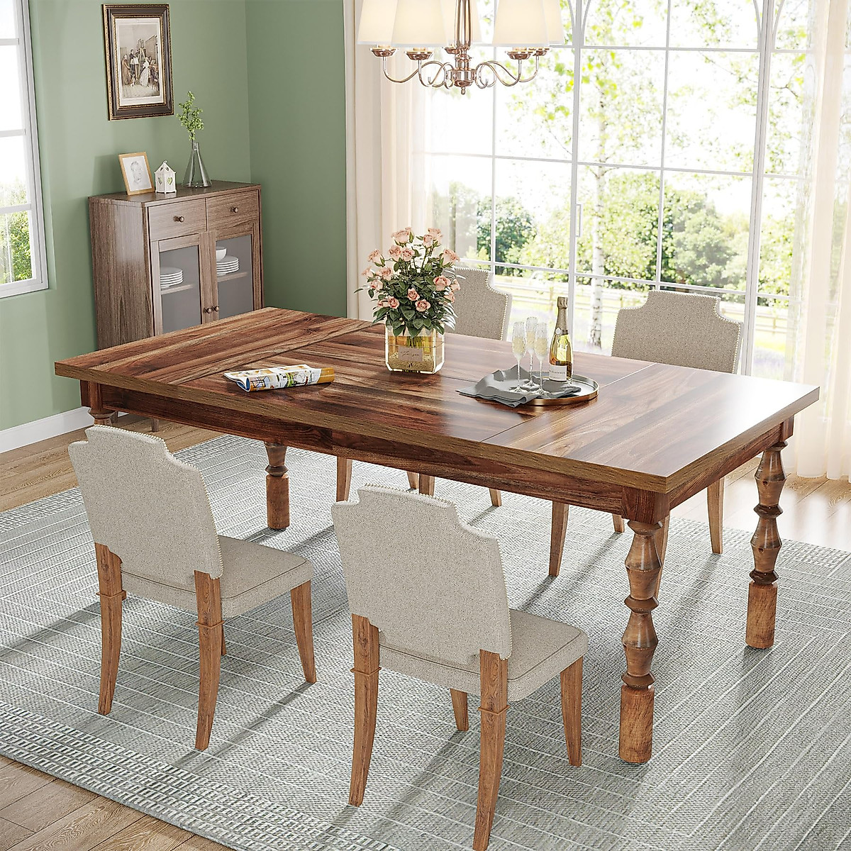 Tribesigns 62” Farmhouse Dining Table for 4-6 People, Large Rectangle Kitchen Table, Dinner Table Kitchen & Dining Room Furniture with Carved Turned Legs