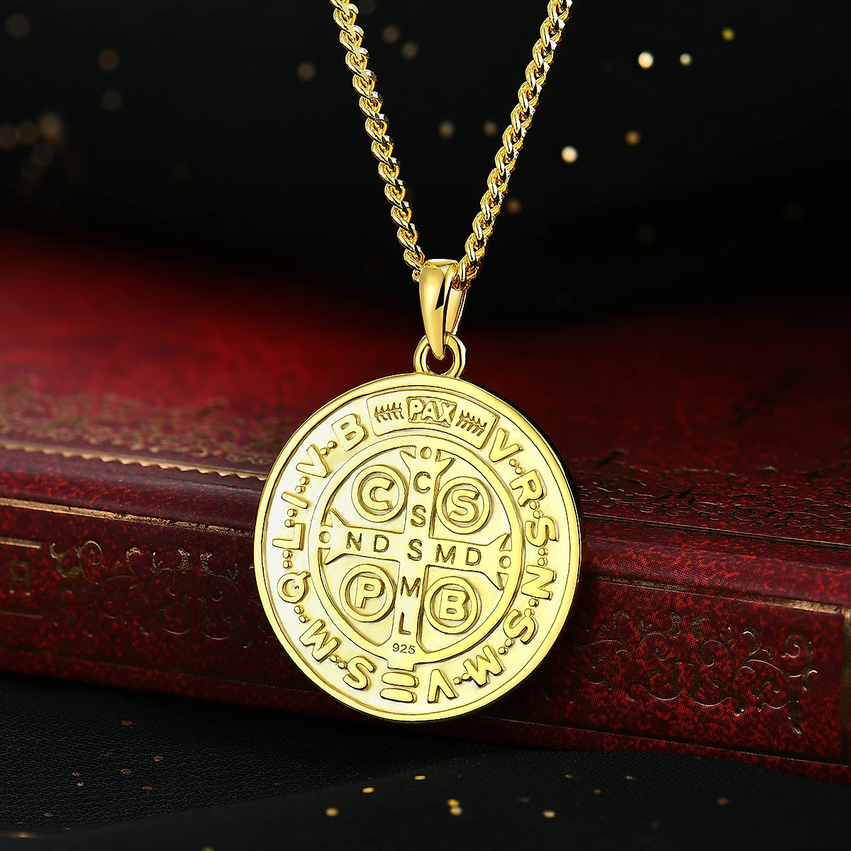FJ Saint Benedict Necklace 925 Sterling Silver, NR Cross Protection Pendant,Round Coin Antiqued Religious Protector Talisman Pendant