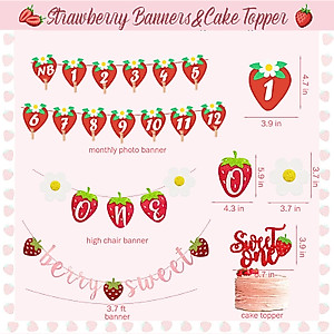 Hombae Strawberry 1st Birthday Party Decorations, Berry Sweet One Berry First Birthday Party Decorations Backdrop Balloon Garland Glitter High Chair Banner Boxes Crown Poster Pink White Red