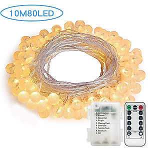 SZWTC 33ft 80 LEDs Globe String Lights Battery Operated, Fairy Lights Waterproof 8 Modes with Remote Control for Home, Party, Christmas, Wedding, Patio, Garden Decoration (Warm White)