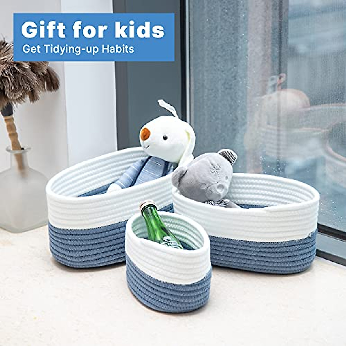 Hombins 3 Set Cotton Rope Storage Baskets with Handles | Round Baskets Set for Organization, Toy Basket, Small Soft Baby Nursery Baskets, Cat Dog Toy Basket, Gift, White&Blue