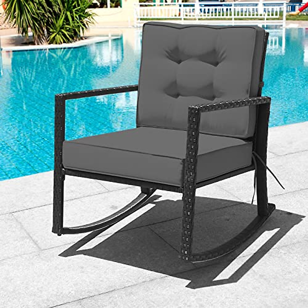 Tangkula Wicker Rocking Chair, Outdoor Glider Rattan Rocker Chair with Heavy-Duty Steel Frame, Patio Wicker Furniture Seat with 5” Thick Cushion for Garden, Porch, Backyard, Poolside (1, Gray)