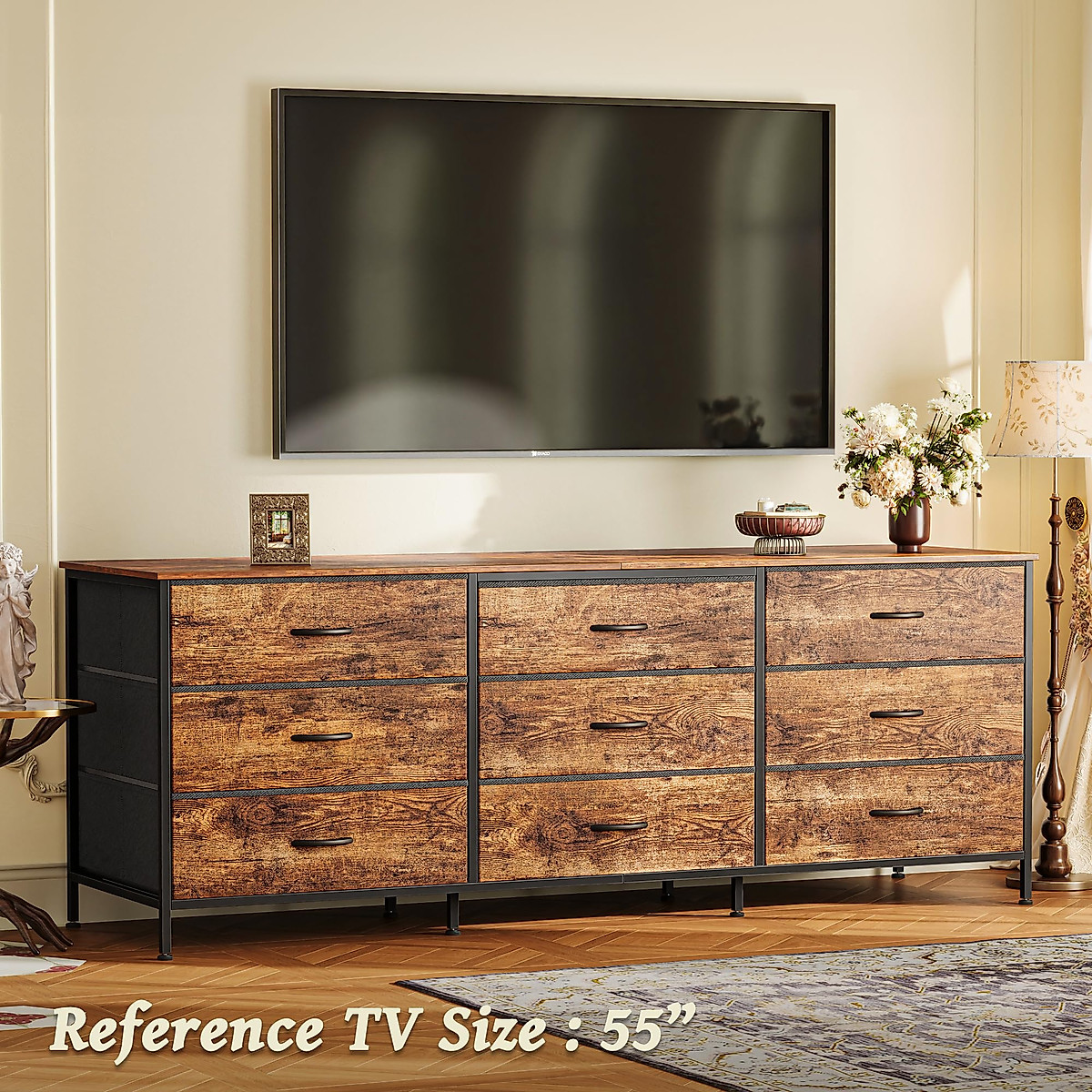 Huuger 9 Drawer Dresser, 63 Inch Dresser TV Stand for 55, 65, 70 Inch TV, Entertainment Center with Drawers, Large Long Fabric Dresser for Bedroom, Closet, Rustic Brown