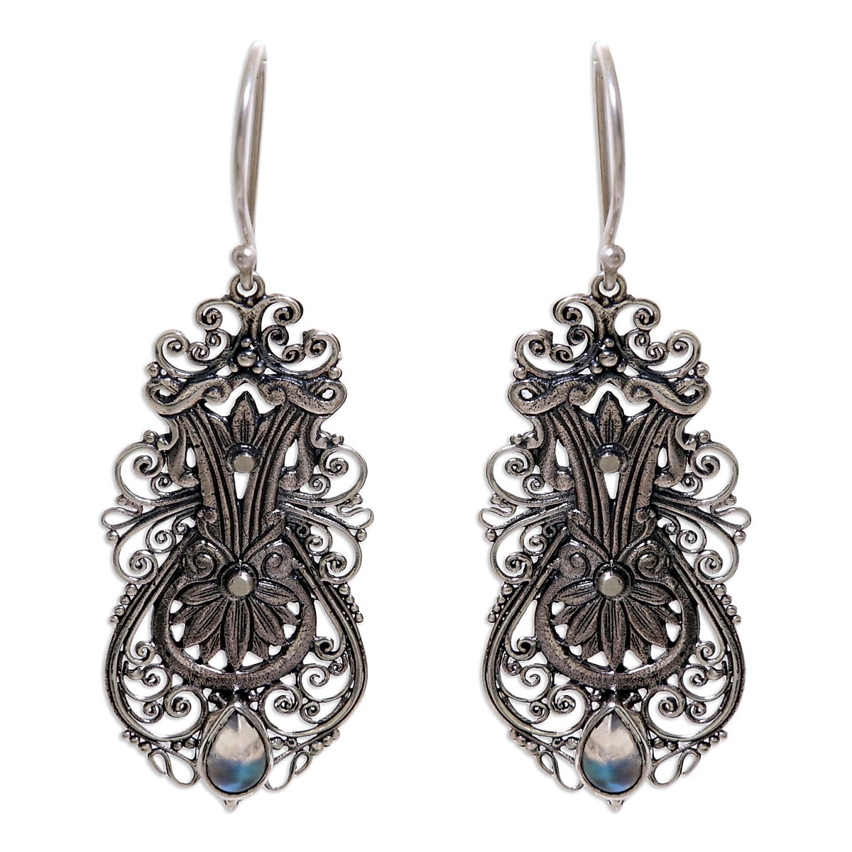 NOVICA Artisan Handmade Rainbow Moonstone Dangle Earrings Sterling Silver Indonesia [18 in L 2 mm W Pendant(s) 1.6 in L x 1.1 in W x 0.3 in D] ' Rainbow Flowers'