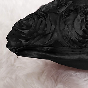 PiccoCasa 3D Flowers Throw Pillow Cover, Romantic Decorative Satin Cushion Cover, Stereo Roses Pillow Cover for Bed Sofa Couch, 16'' x 16'', Black
