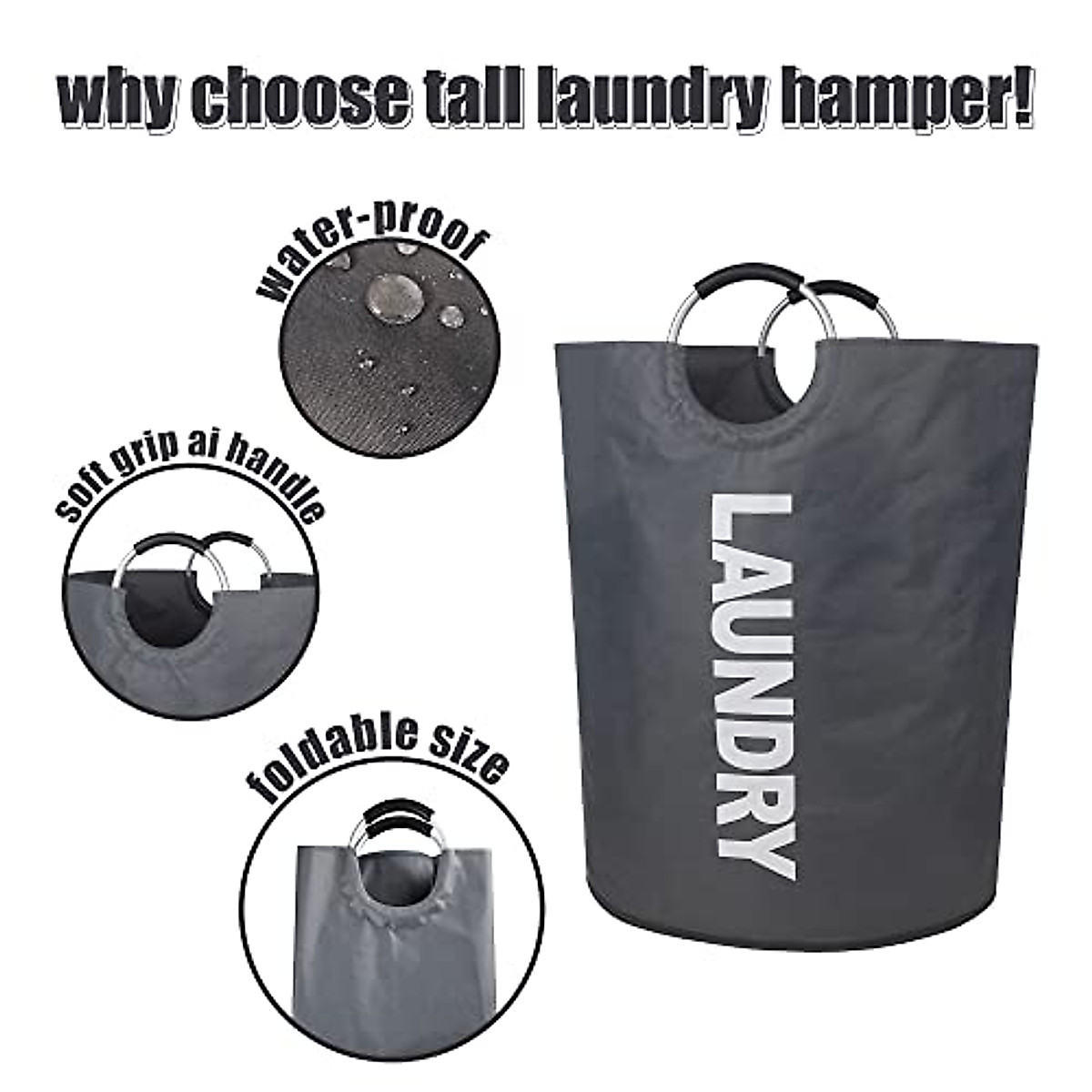 Twira 160L XX-Large Laundry Baskets, Laundry Hamper Stands Up Well, Laundry Bag with Padded Handles, Waterproof Laundry Basket Collapsible, Clothes Hamper for Bathroom, Laundry, College (Dark Grey)