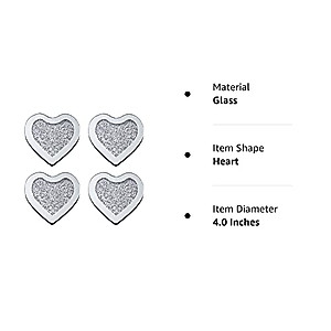 4 Pcs Glass Crystal Coaster,Diamond Mirror Coaster,Silver Luxury Cup Mat,Desktop Advanced Decoration (Heart 4x4in)