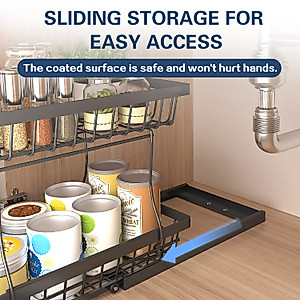 HTOH 2 Tier Under Sink Organizer with Sliding Storage Drawer, Pull Out Cabinet Organizer, Multi-purpose Slide-Out Storgae Basket with Handles for Kitchen, Bathroom