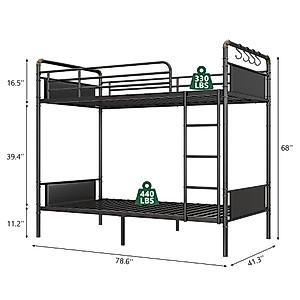 Jocoevol Bunk Bed Twin Over Twin, Industrial Bunkbeds with Ladder and High Guardrail, Twin Size Convertible Metal Bunk Beds for School, Bedroom (Black)