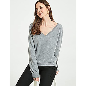 Kallspin Women's Cotton Pullover Sweater Relax Fit V Neck Long Sleeve Basic Fashion Knit Jumper (Large, Light Grey)