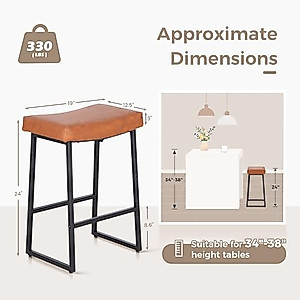MAISON ARTS Brown Bar Stools Set of 2 Counter Height 24 Inches Saddle Stools for Kitchen Counter Backless Modern Barstools Upholstered Faux Leather Stools Farmhouse Island Chairs, Brown, 2pcs