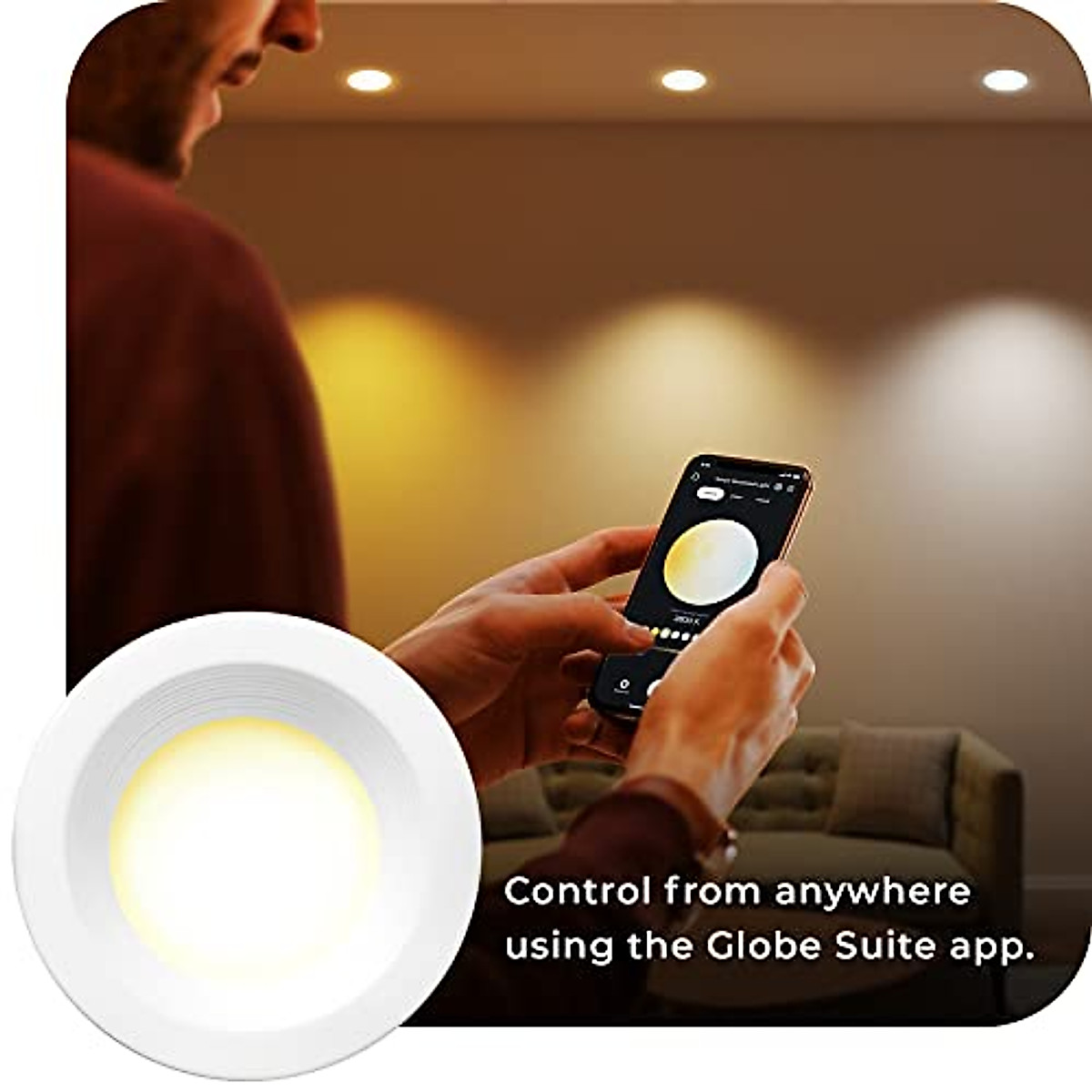 Globe Electric 50079 Wi-Fi Smart 5"/6" LED Retrofit Recessed Light, No Hub Required, Voice Activated, 11 Watts, Multicolor Changing RBG, Tunable White 2000K - 5000K, 700 Lumens, E26 Adaptor Included