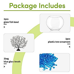 hygger Mini Glass Oblate Fish Bowl Kit, Small Fish Tank Comes with Blue Aquarium Decor Stones and Plastic Fan Branch Tree Ornament