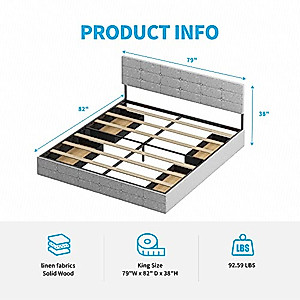 BALUS King Size Platform Bed Frame, Upholstered and Button Tufted Headboard Square Stitched, 4 Storage Drawers, Headboard Adjustable, No Box Spring Needed- Light Grey