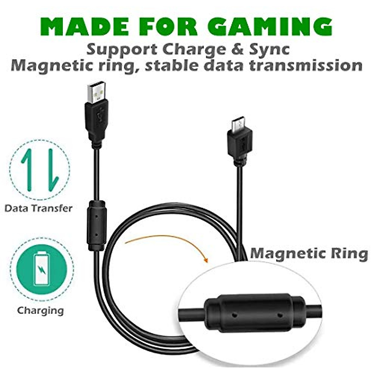 2 Pack 10ft PS4 Controller Charging Cable, Play and Charger Data Sync Cord for Sony Playstation 4/ PS4 Pro/ PS4 Slim/ PS4 Controllers, Microsoft Xbox One X/One S/One Elite/One Controllers (Black)