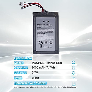 JUBOTY 2PCs 2000mAh PS4/PS4 Pro Controller Battery, Li-ion Internal New Upgrade Battery Replacement for Sony Playstation 4 Dualshock 4 CUH-ZCT2 CUH-ZCT2E CUH-ZCT1E CUH-ZCT1U with 4 Repair Tool Kits