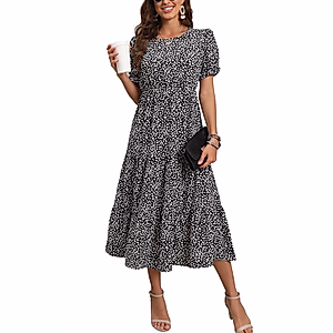 GRECERELLE Women Dress, Summer Casual Loose Crew Neck Boho, Leopard Dot Ruffle Puff Sleeve, High Waist Midi Beach Dress